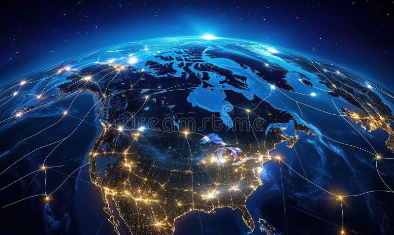 Global Connectivity Network Visualization Over North America at Night ...