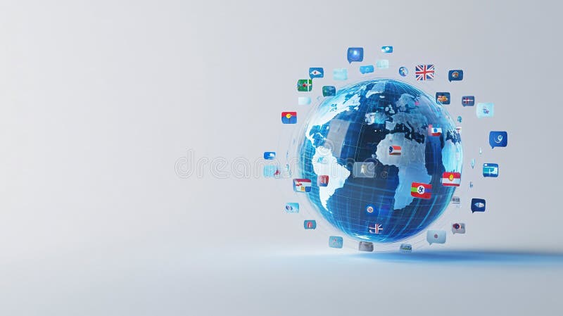 Global Connectivity Represented by Digital Icons Surrounding a 3D Globe ...