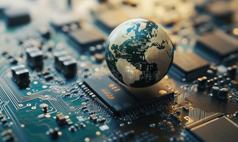 Global Connectivity Represented by Earth on Circuit Board, Symbolizing ...