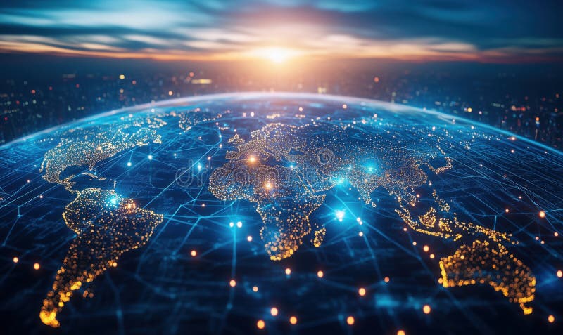 Global Map Visualization Over Sunset Urban Landscape Stock Photos ...