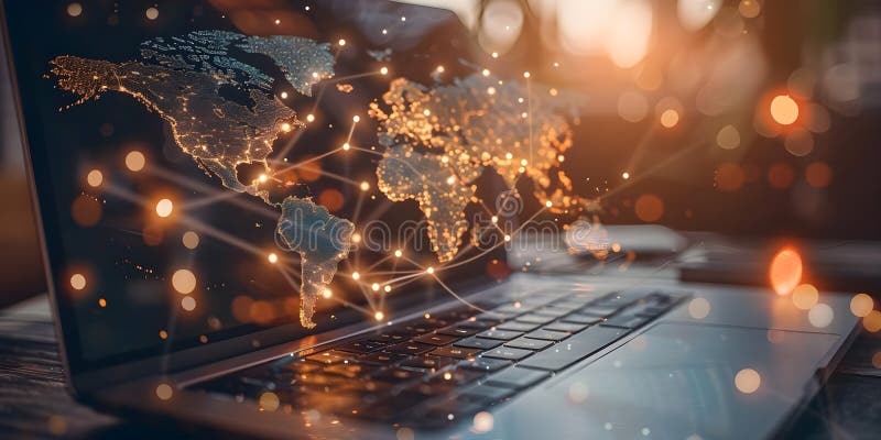 Global Connectivity: World Map on Laptop Screen Accessing Information ...