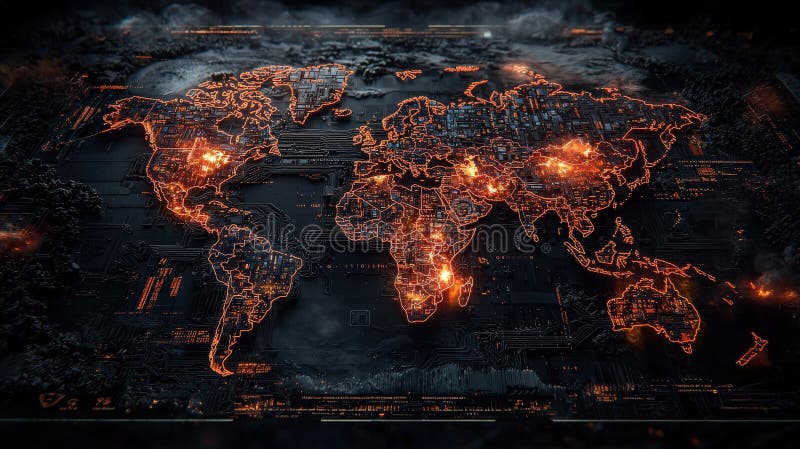Global Crisis Visualization World Map with Fire Indicators Digital Art ...