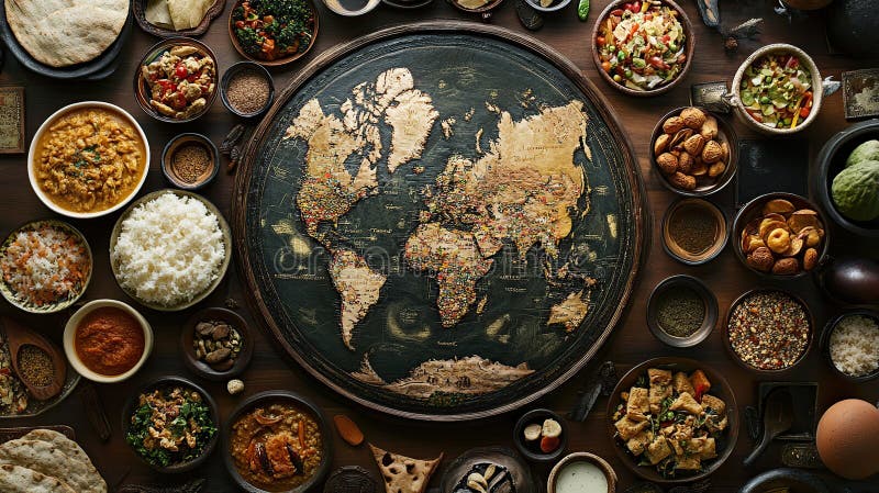 Global Cuisine World Map Surrounded by Diverse Dishes Stock ...
