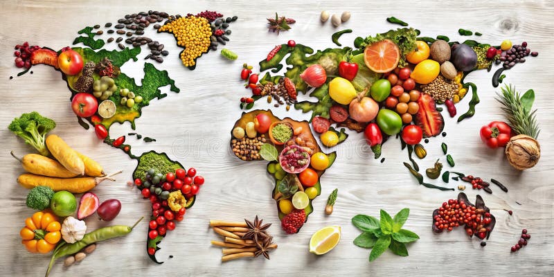 A Global Culinary Map Diverse Produce Arranged in the Shape of the ...