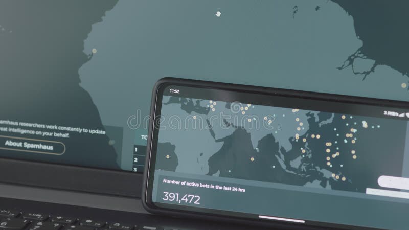 Global Cyber Attack. Woman Looking at World Map on Computer Screen ...