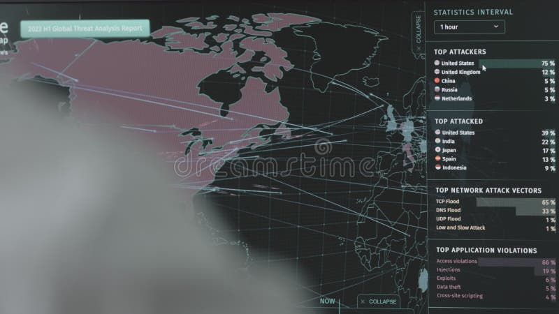 Global Cyber Attack with World Map on Computer Screen. Internet Network ...