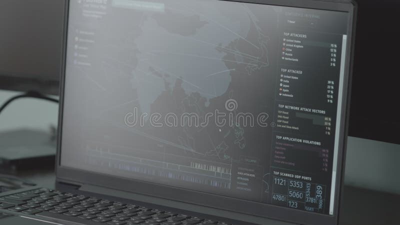 Global Cyber Attack with World Map on Computer Screen. Internet Network ...