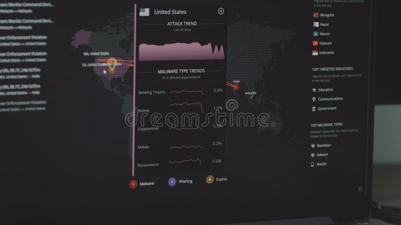 Global Cyber Attack with World Map on Computer Screen. Internet Network ...