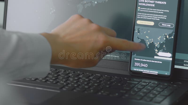 Global Cyber Attack with World Map on Mobile Phone and Computer Screen ...
