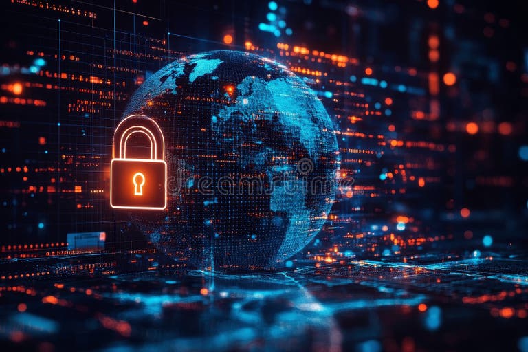 Global Cyber Security Concept with Digital Closed Pad Lock, Earth ...