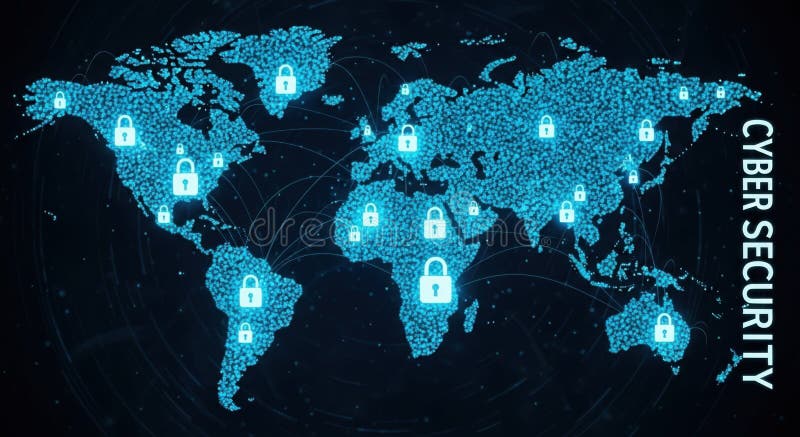Global Cyber Security Network Map Illuminated with Digital Locks ...