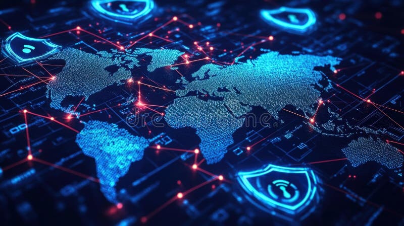 Global Cyber Security Network Protecting World Map with Digital Shield ...