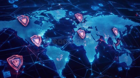 Global Cyber Security System Protecting World Map with Digital Shields ...