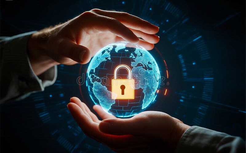 Global Cybersecurity: Hand Holding a Digital Globe with a Lock Symbol ...