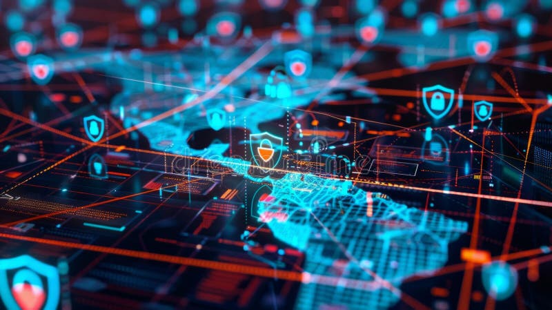 Global Cybersecurity Network: Digital Collage of Protection Symbols on ...