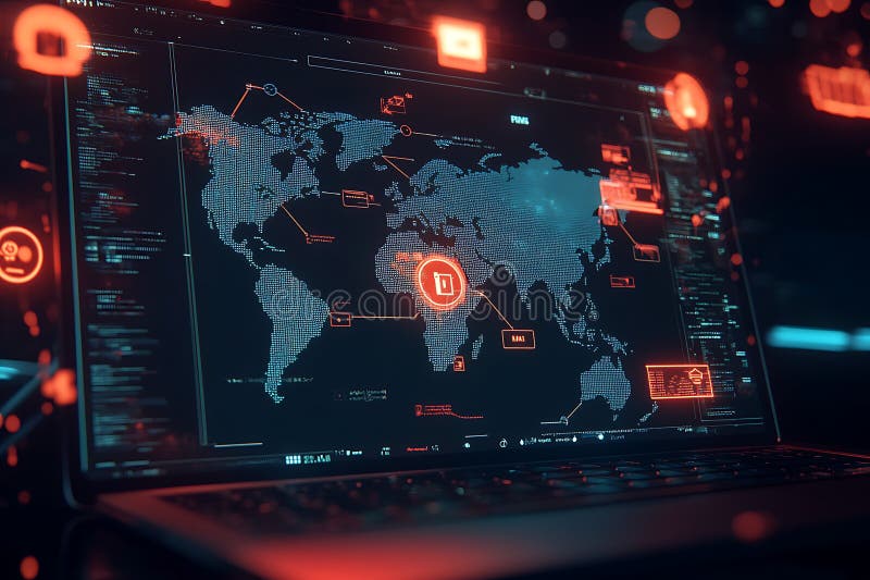 Global Cybersecurity Network Digital World Map on Laptop Screen Stock ...