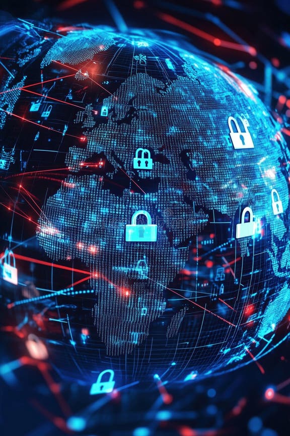 Global Cybersecurity Network Visualization with Lock Icons Representing Data Protection and ...