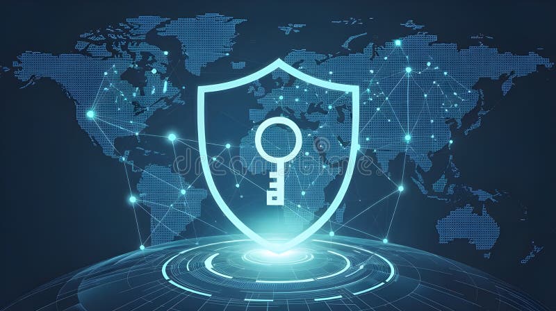Global Cybersecurity Protection with Shield and Key Stock Illustration ...