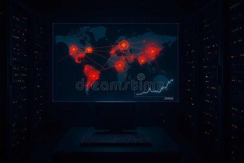 Global Cybersecurity Threat Analysis Displayed on Screen with Server ...