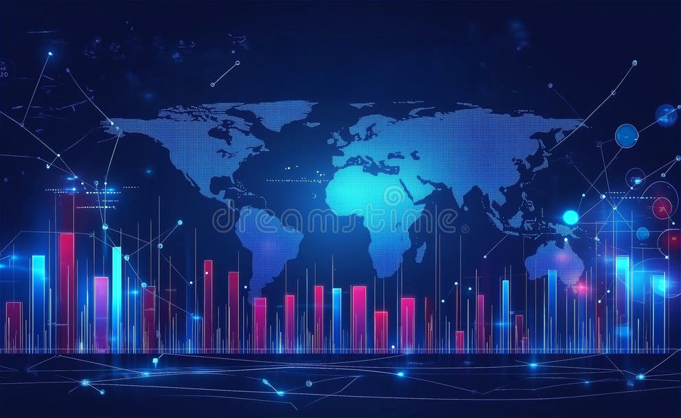 Global Data Analysis: 3D Bar Graph with World Map on Tech Background ...