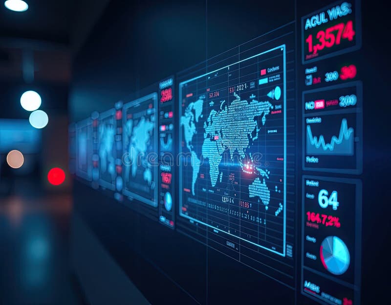 Global Data Analysis Futuristic Digital World Map Interface on Screen Stock Illustration ...