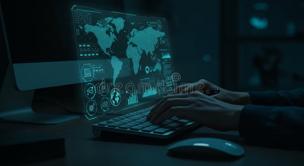 Global Data Analysis: Futuristic Tech Interface on Computer Screen Stock Illustration ...