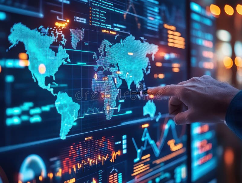 Global Data Analysis with Interactive Interface Stock Illustration - Illustration of screen ...