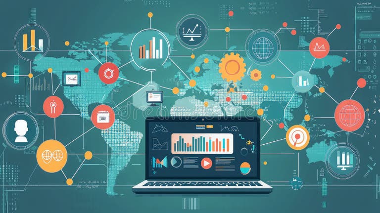 Global Data Analysis on Laptop, Network Connections, World Map ...