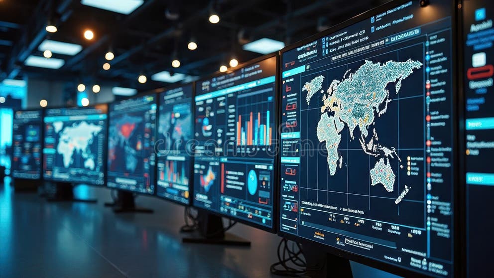 Global Data Analytics Center with Multiple Digital Monitors Displaying World Maps and Statistics ...