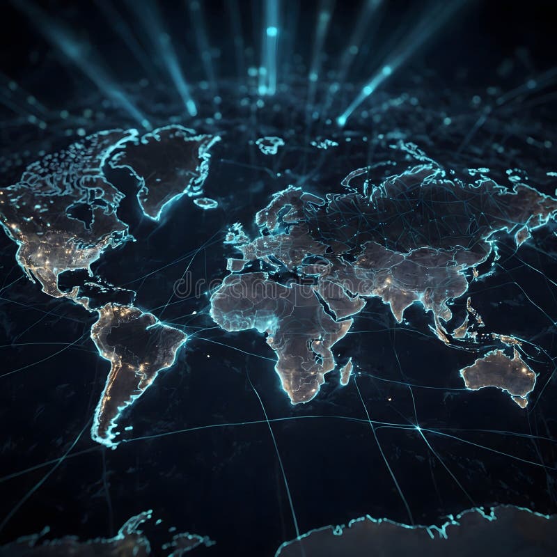 Global Data Flow Depicted by Stylized World Map with Glowing Digital ...