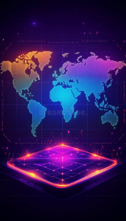 Global Data Network Futuristic World Map with Glowing Grid and Dynamic ...