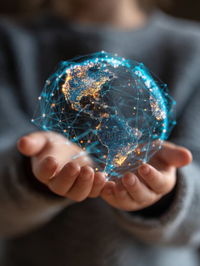 Global Data Visualization As a Child Interacts with an Augmented Reality Globe Showcasing ...