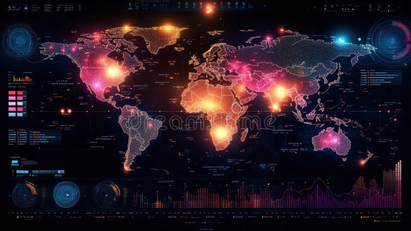 Global Data Visualization with Illuminated World Map Stock Image - Image of intelligence ...