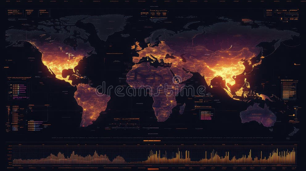 Global Data Visualization Illuminated World Map with Statistics Time ...