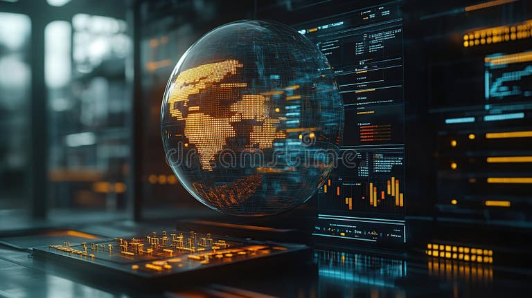Global Data Visualization System Displayed on a Holographic Globe Stock ...
