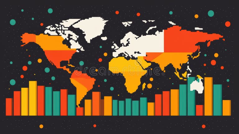 Global Data Visualization, World Map with Colorful Bars and Dots ...