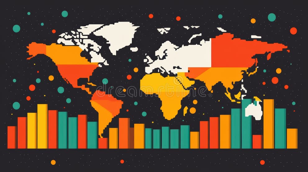 Global Data Visualization, World Map with Colorful Bars and Dots ...
