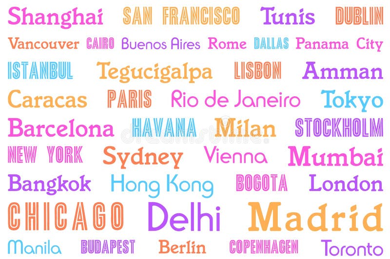 Global Destination Colorful City Names Text Design Stock Vector ...