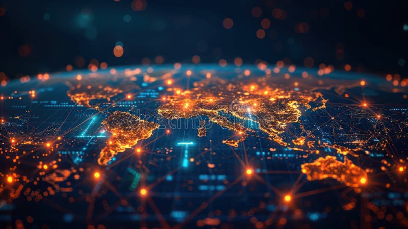 Global Digital Connections Visually Represented on a World Map with Bright Glowing Nodes and ...