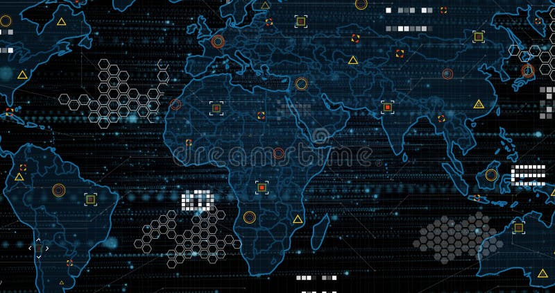 Global Digital Map Being Animated with Neon Outlines, Binary Streams ...