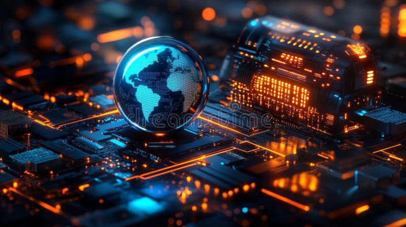 Global Digital Network Circuit Board with Earth, Cybersecurity, and ...