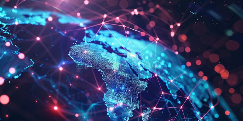 Global Digital Network Concept with Abstract Earth Map and Connected Dots Stock Illustration ...