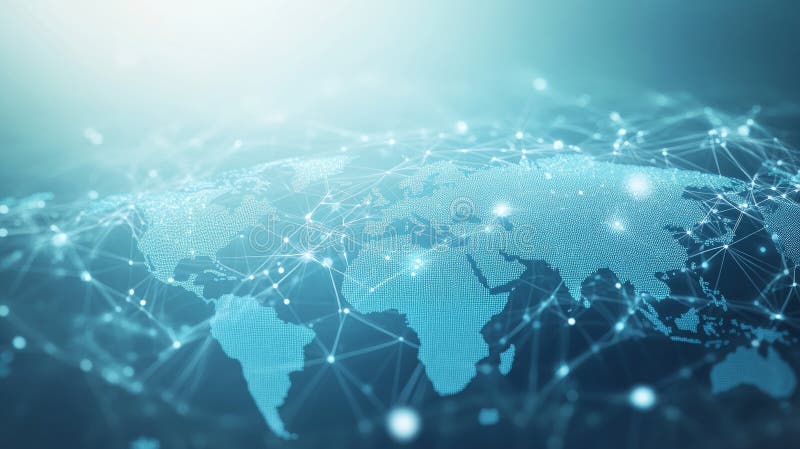 Global Digital Network Connecting Continents with Blue Glowing Lines ...