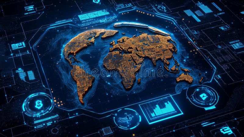 Global Digital Network 3D World Map with Circuit Board Pattern ...