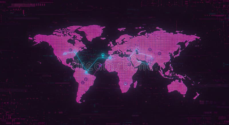 Global Digital Network: Pink World Map with Blue Connections Stock ...