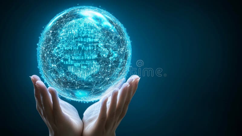 Global Digital Strategy Hands Holding Illuminated 3D Globe with Network ...