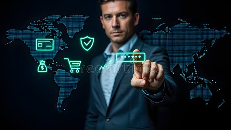 Global E-commerce Business Security, Secure Online Shopping, Businessman Interacts with a ...