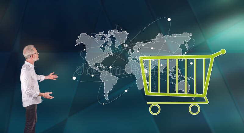 A Global E-commerce Concept Explained by a Businessman on a Wall Screen ...