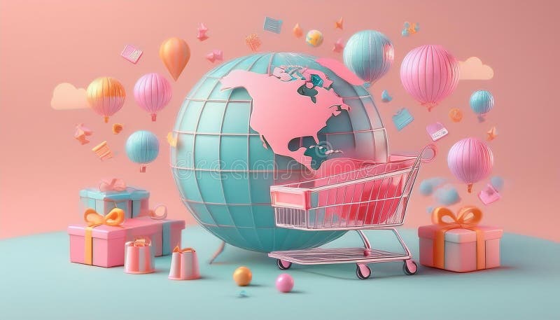 Global E-commerce, Featuring a Globe, Shopping Cart Pastel Network ...