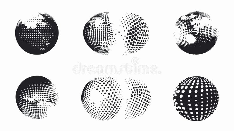 Global Earth Halftone Effect in Black and White - Graphic Globe Set ...